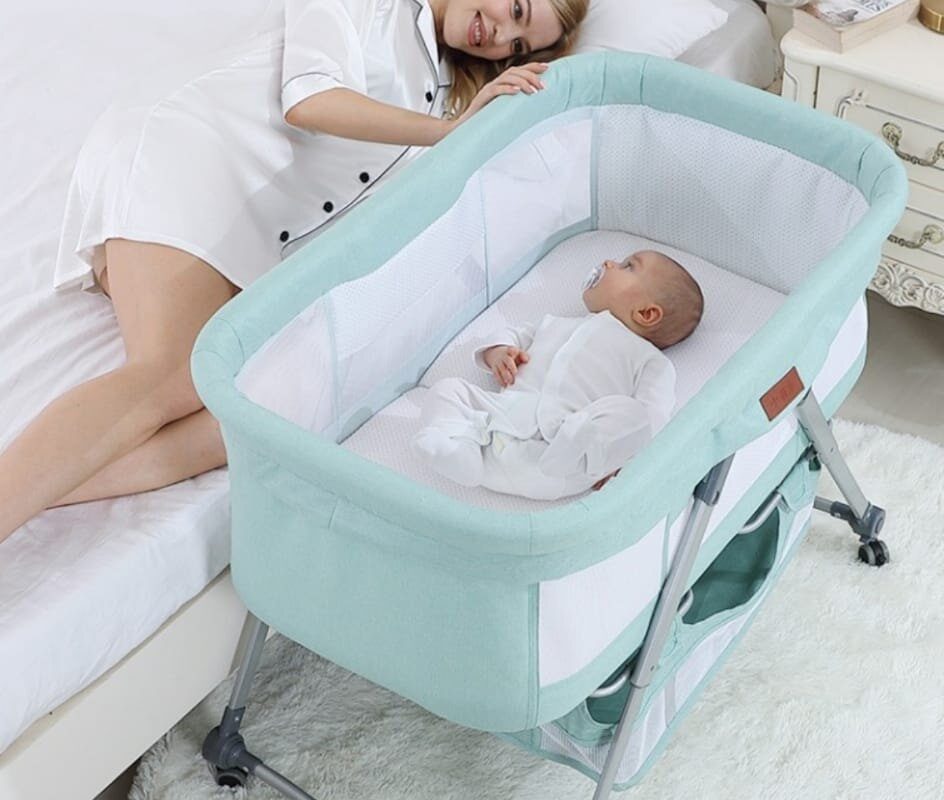 Baby Crib Cradle Newborn Movable Bed Pink Beige & Green - Toys 4 You