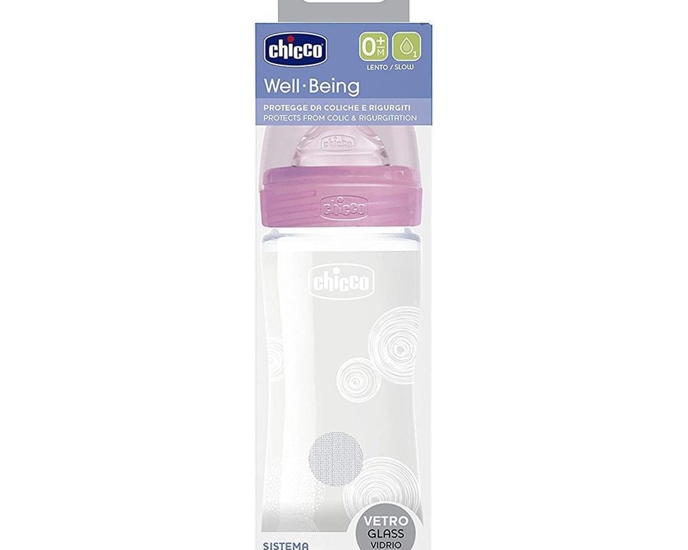 Chicco - Well-Being Slow Flow Glass Bottle 240ml - Pink - Toys 4 You